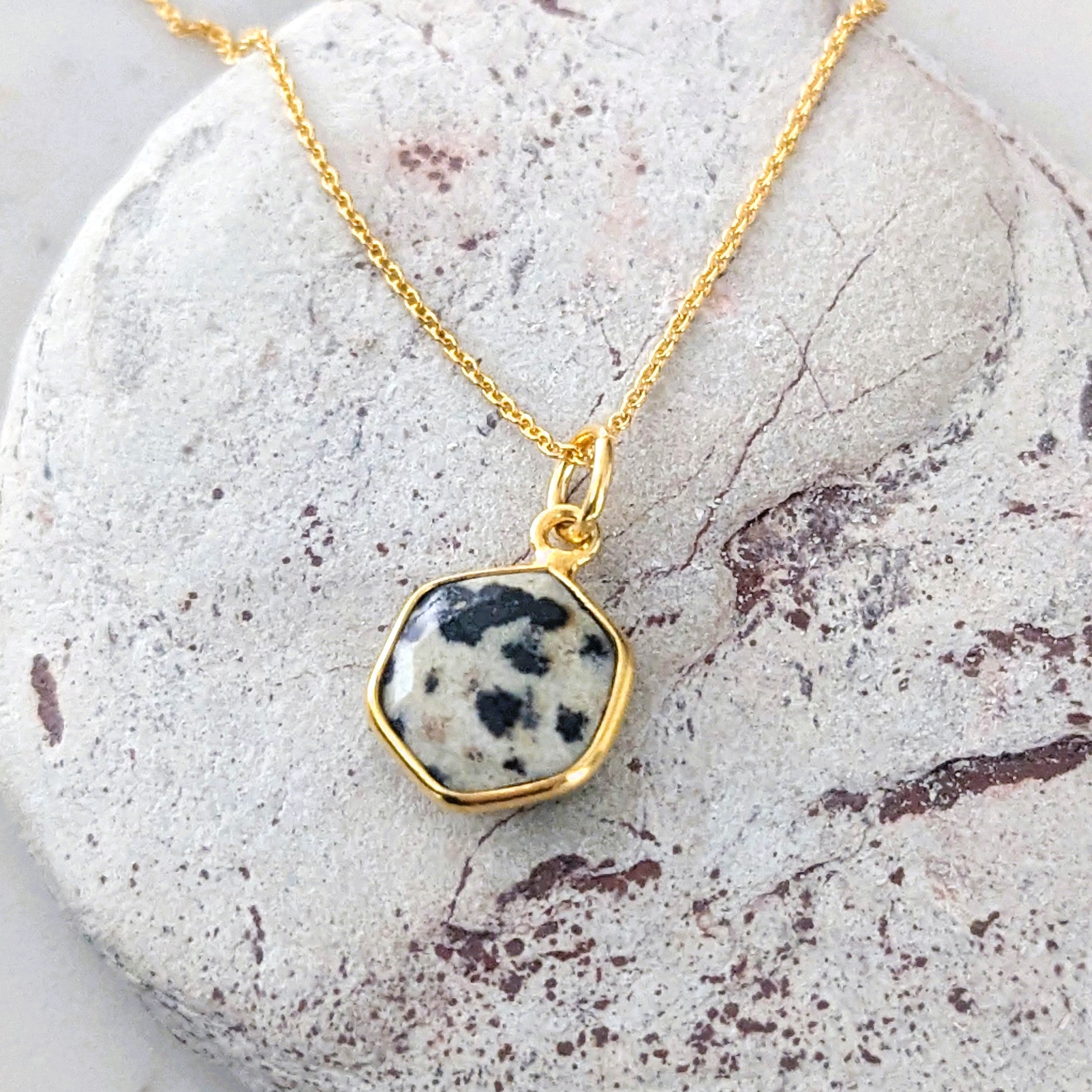The Hexagon Dalmatian Jasper Gemstone Necklace - 18ct Gold Plated – Lapis London